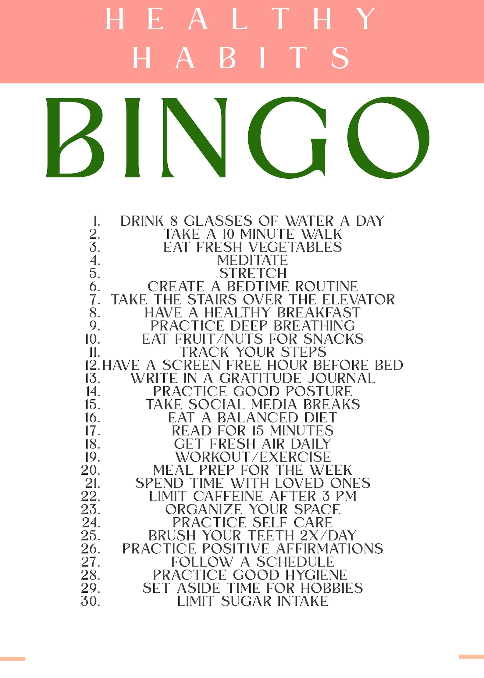 Healthy Habits Bingo Card - Healthy Habits and Routines - 12 Unique ...