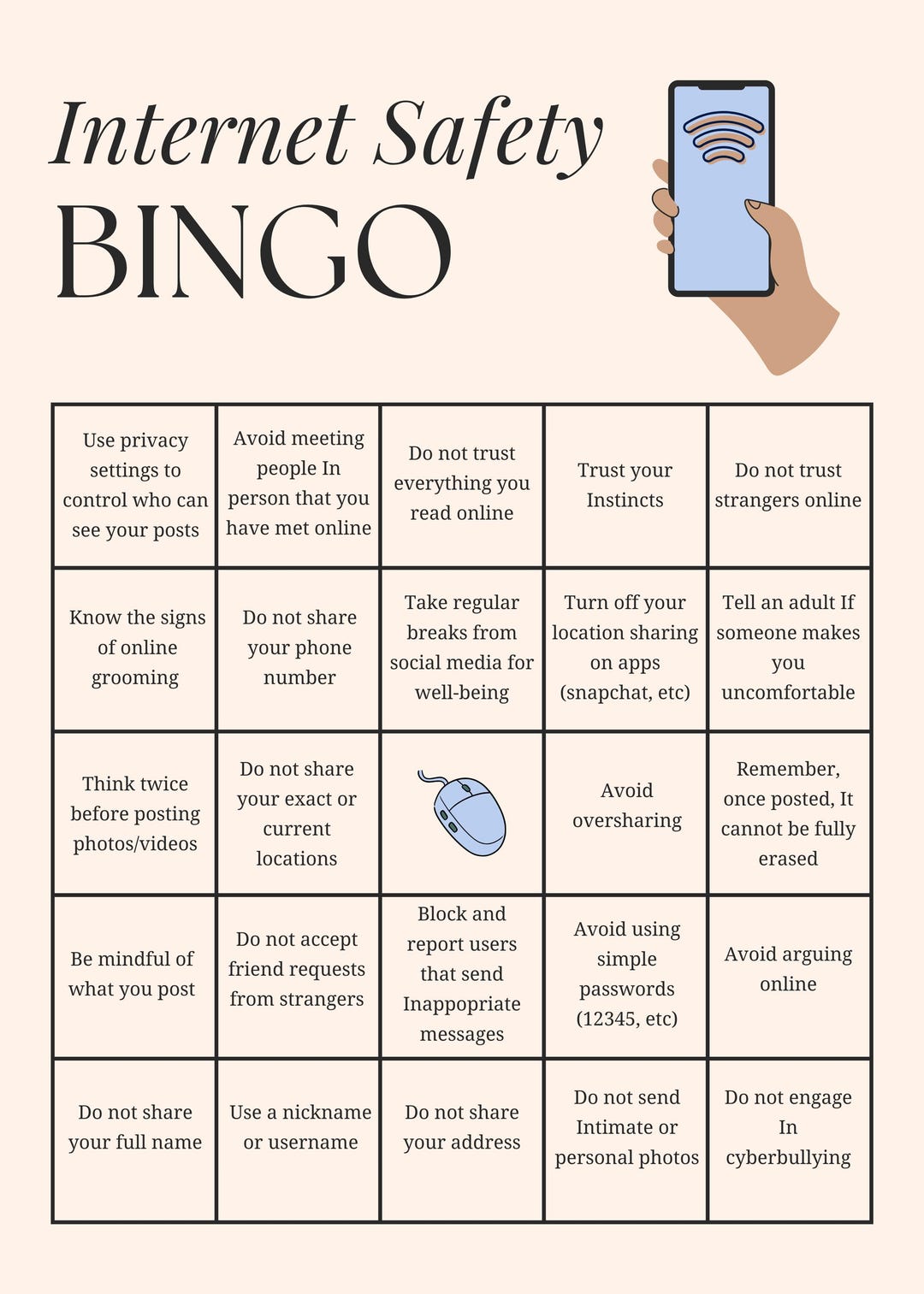 Internet Safety Bingo Cards – Teen & Adolescent Group Activity - Etsy