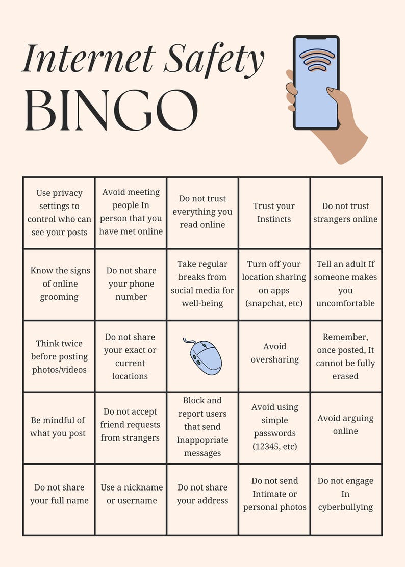 Internet Safety Bingo Cards - Adolescent and Teen Online Safety Group ...