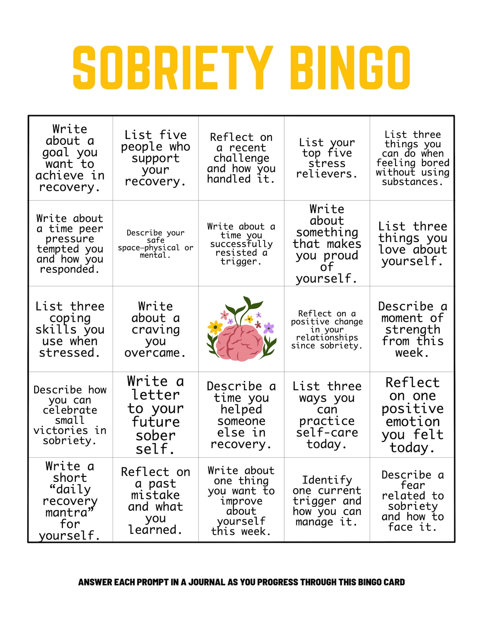 Sobriety Bingo - 12 Unique Bingo Cards W/ Journal Prompts - Etsy