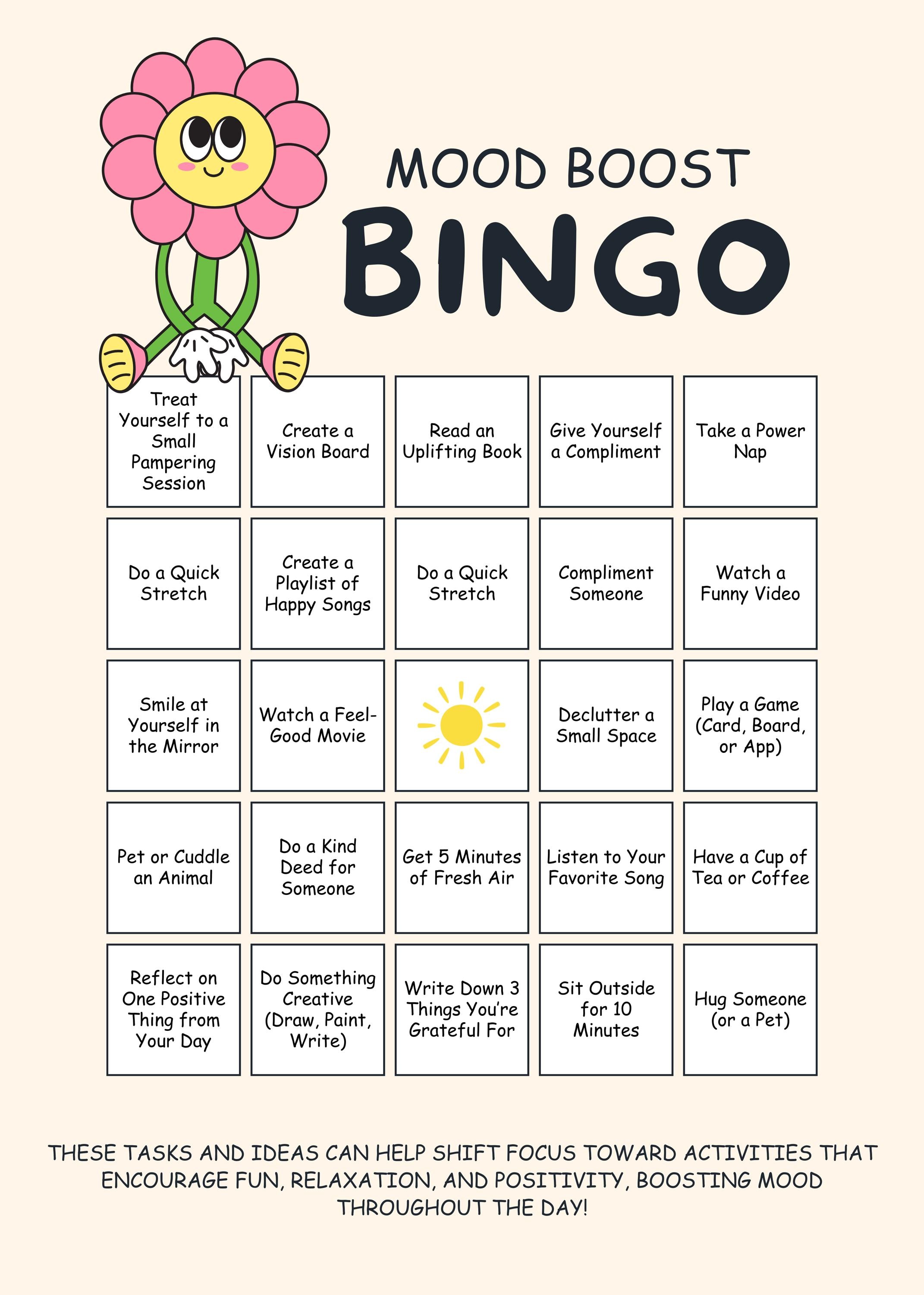 Mood Boost Bingo | Printable Self-care Game for Positivity & Stress ...