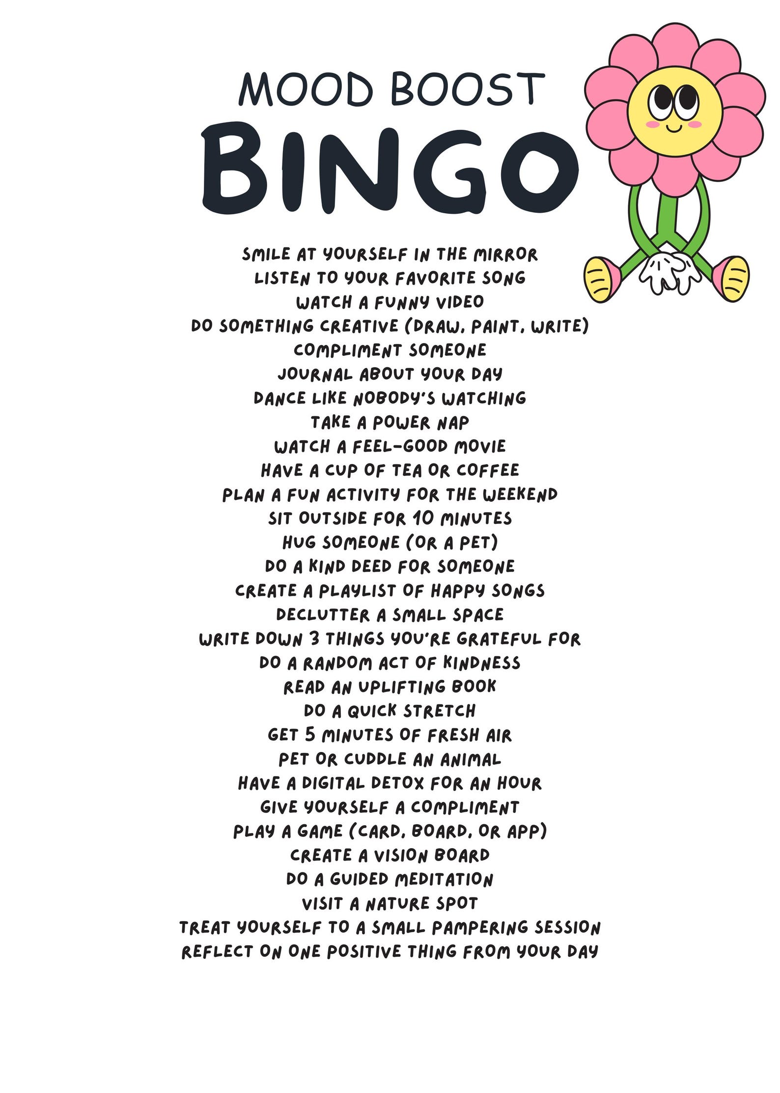 Mood Boost Bingo | Printable Self-care Game for Positivity & Stress ...