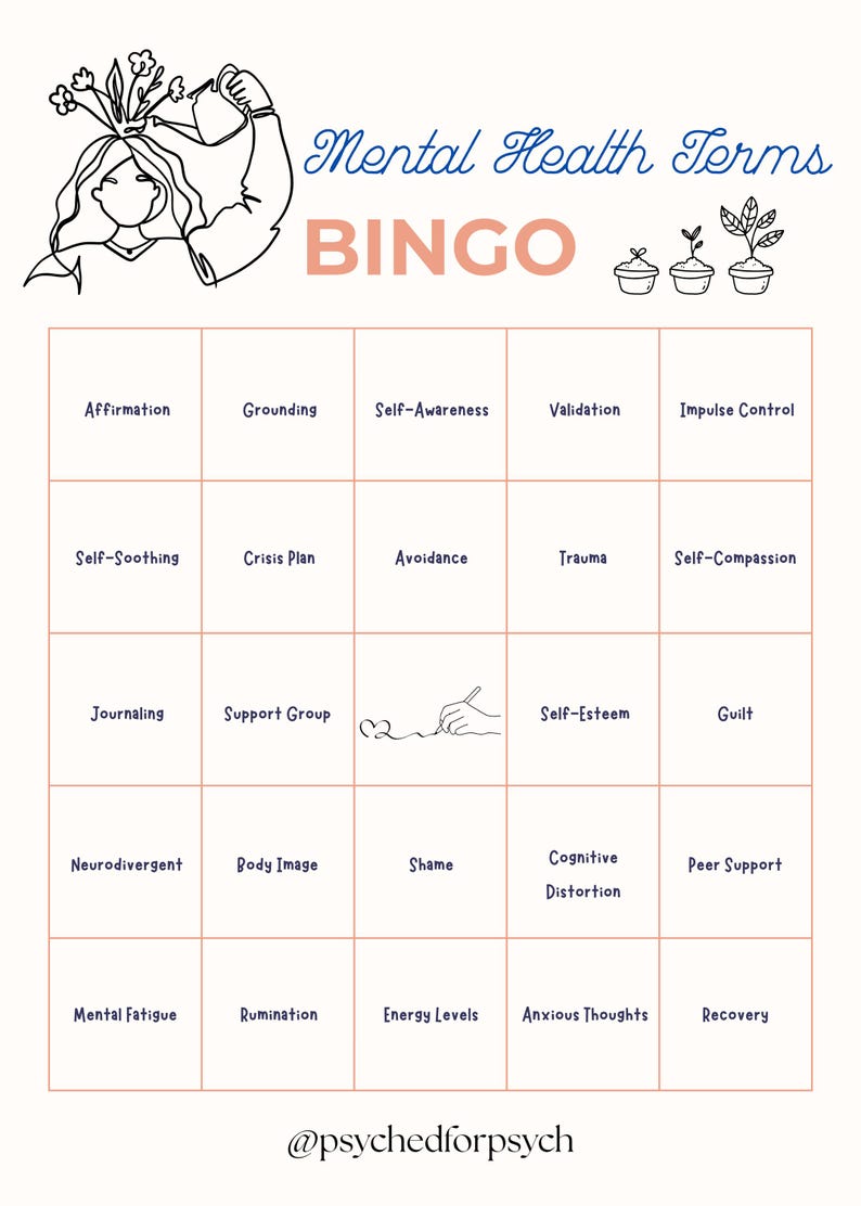 Mental Health Bingo Cards – 10 Printable Bingo Sheets W 30 Therapy ...