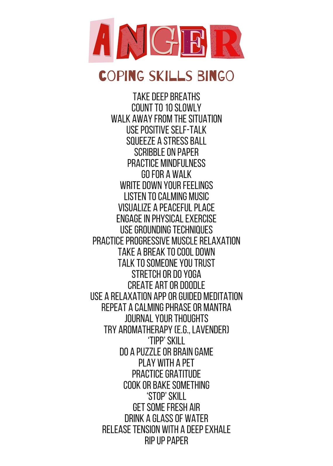 Anger Management Bingo - Anger Coping Skills Group Activity - Dbt/teen ...