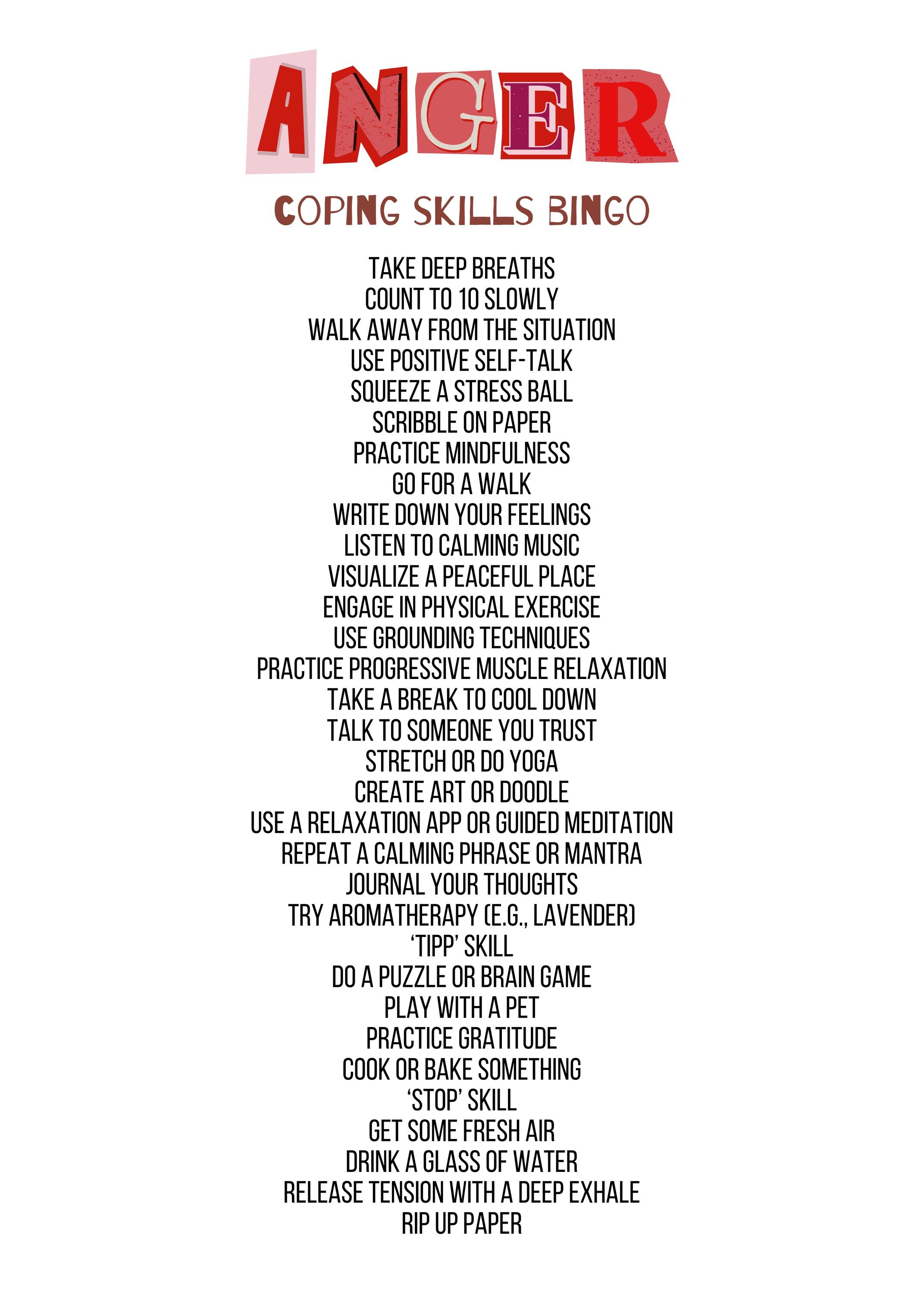 Anger Management Bingo - Anger Coping Skills Group Activity - Dbt/teen ...