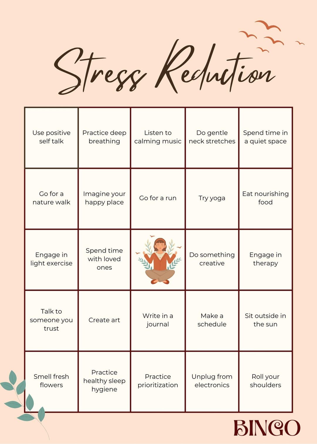 Stress Relief Bingo - Stress Reduction, Coping Skills, Self Care, Group ...