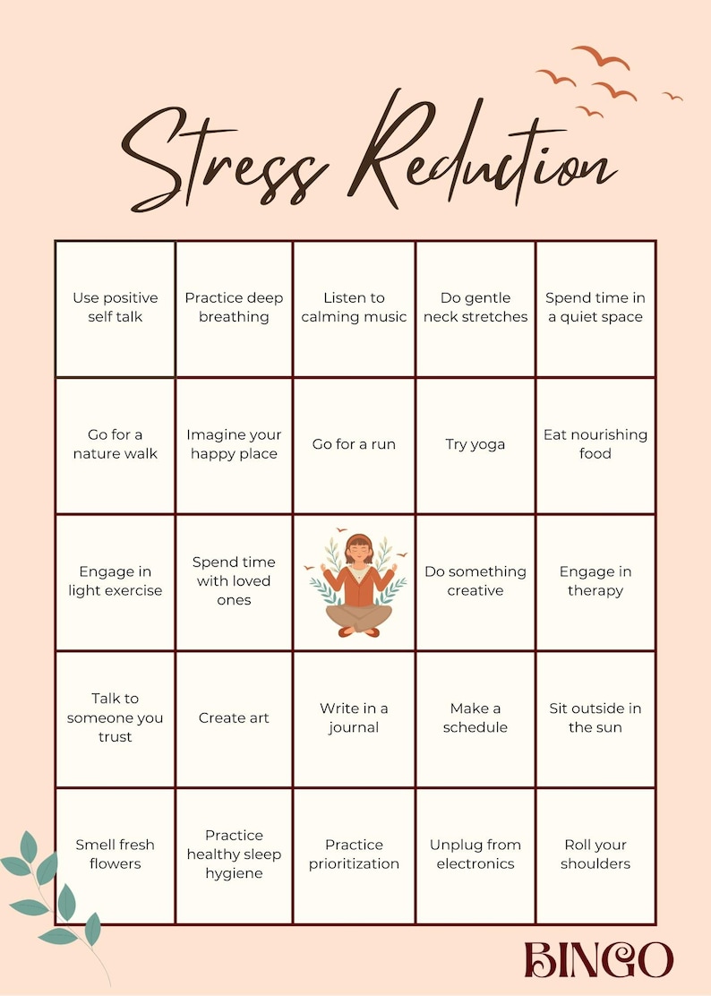 Stress Relief Bingo - Stress Reduction, Coping Skills, Self Care, Group ...