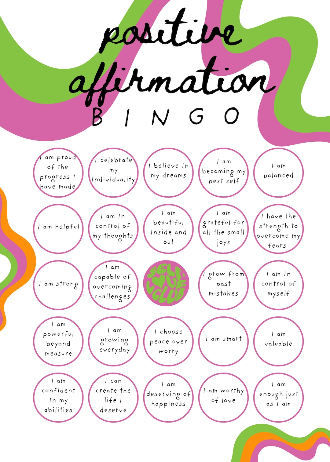 Positive Affirmation Bingo -uplifting Mindset & Motivation Game for ...