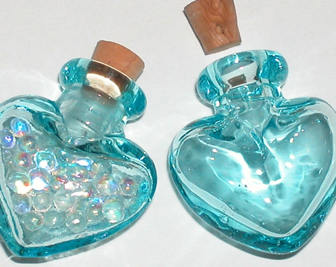 1 Fillable Aqua Blue Glassheart Bottle With Beaded Cork - Etsy