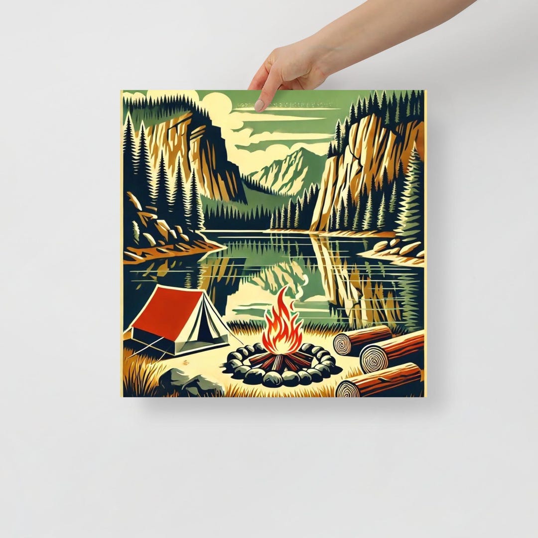 Camping Scene Art, Retro Wilderness Wall Decor, Scenic Mountain Lake ...