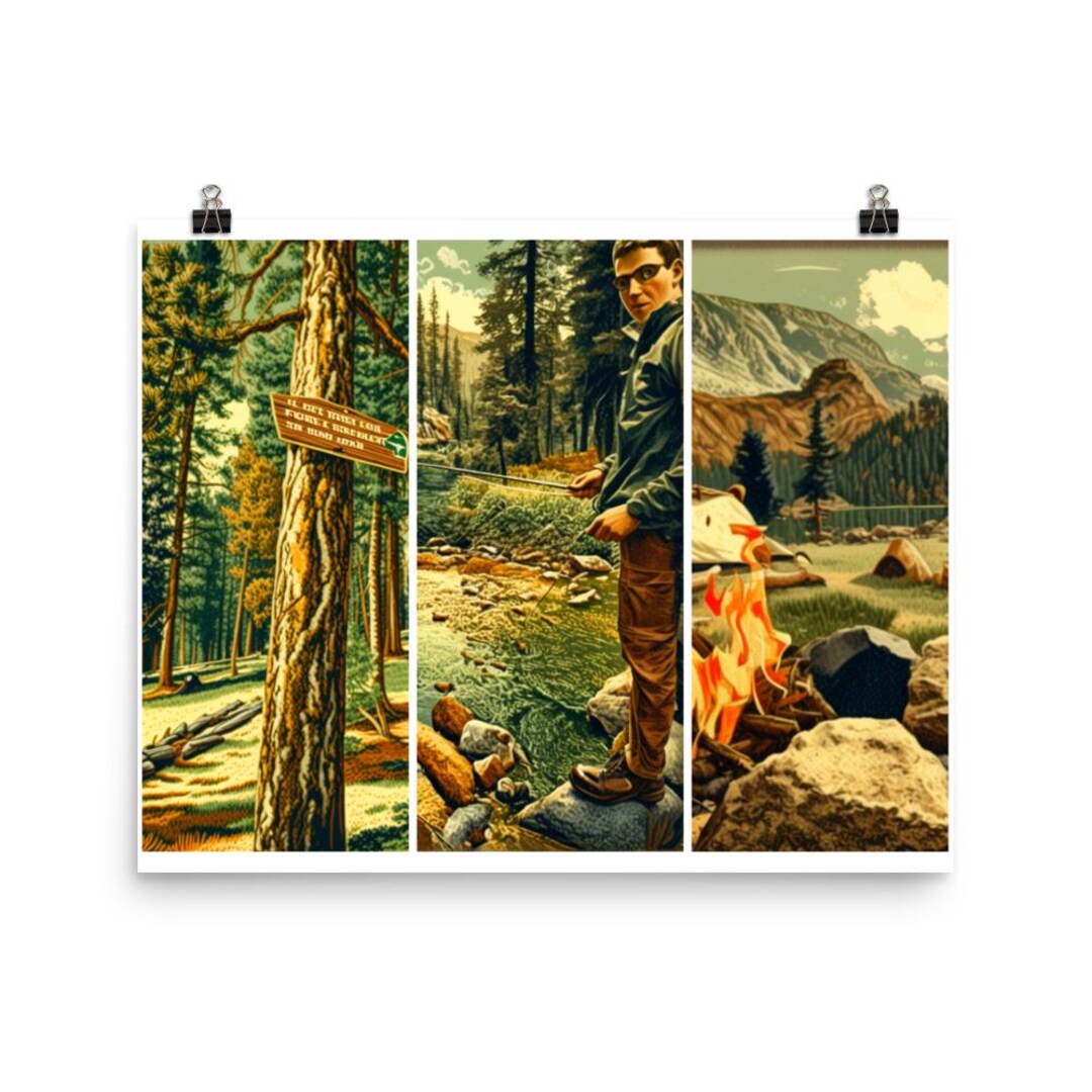 Triptych Outdoor Poster Set, Retro Nature Artwork, Camping, Fishing ...
