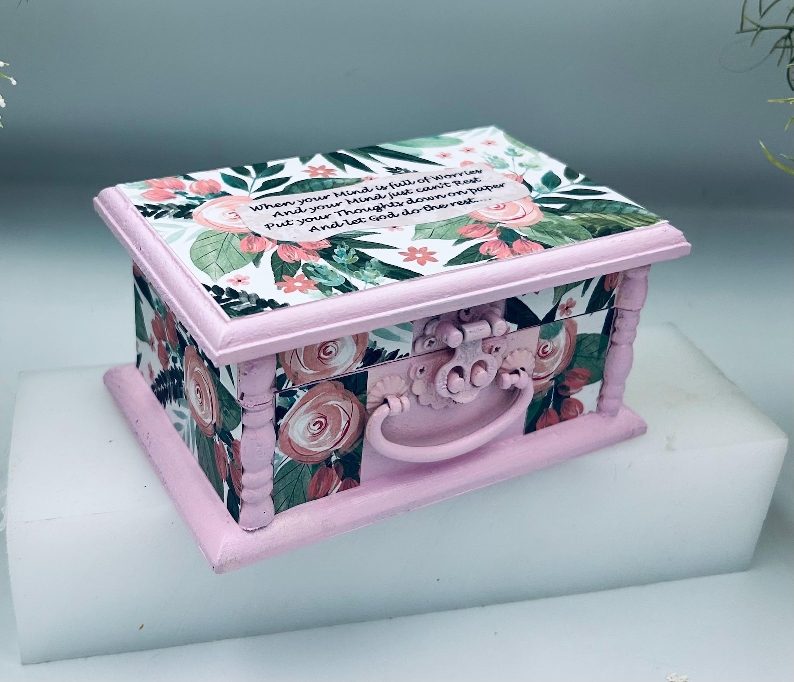 Pink & Flowers Prayer Box Pink Worry Box Keepsake Box Measures 5.5”W X ...