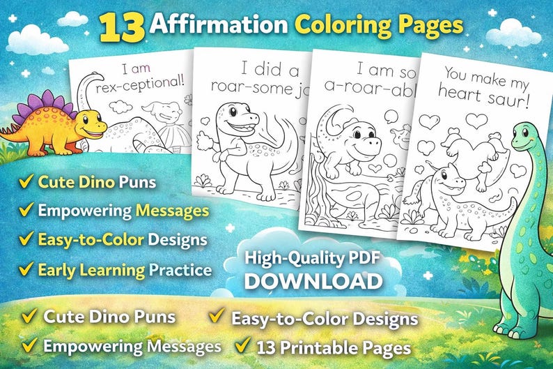 Dinosaur Coloring Book | Positive Affirmations & Dino Puns (PDF 13 ...