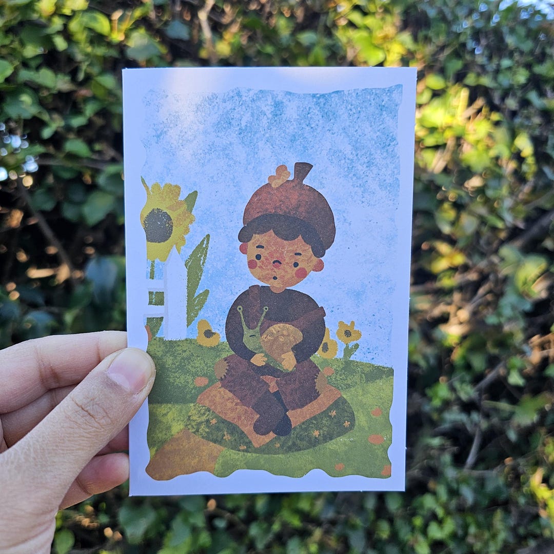 Whimsical Child With Snail Greeting Card – Cozy Cottagecore Art Card ...