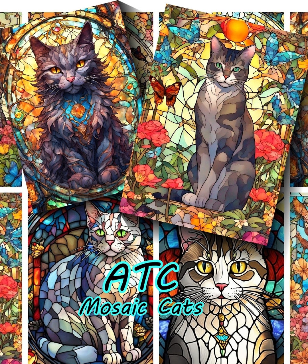 ATC Mosaic Cats Stained Glass Printable Digital Download 2.5x3.5 Inches ...