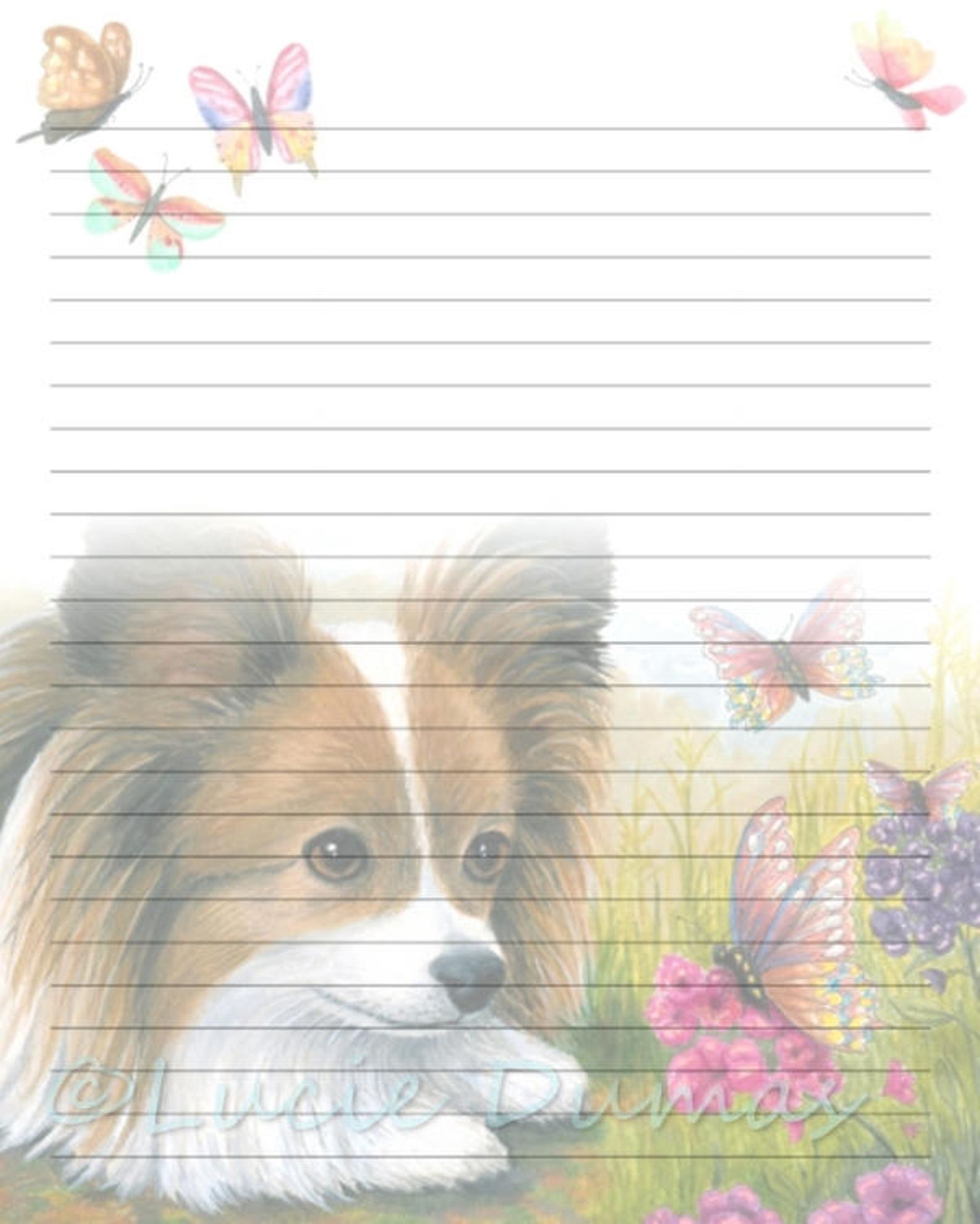 Digital Printable Journal Page Dog 123 Papillon Butterfly Stationary 8 ...