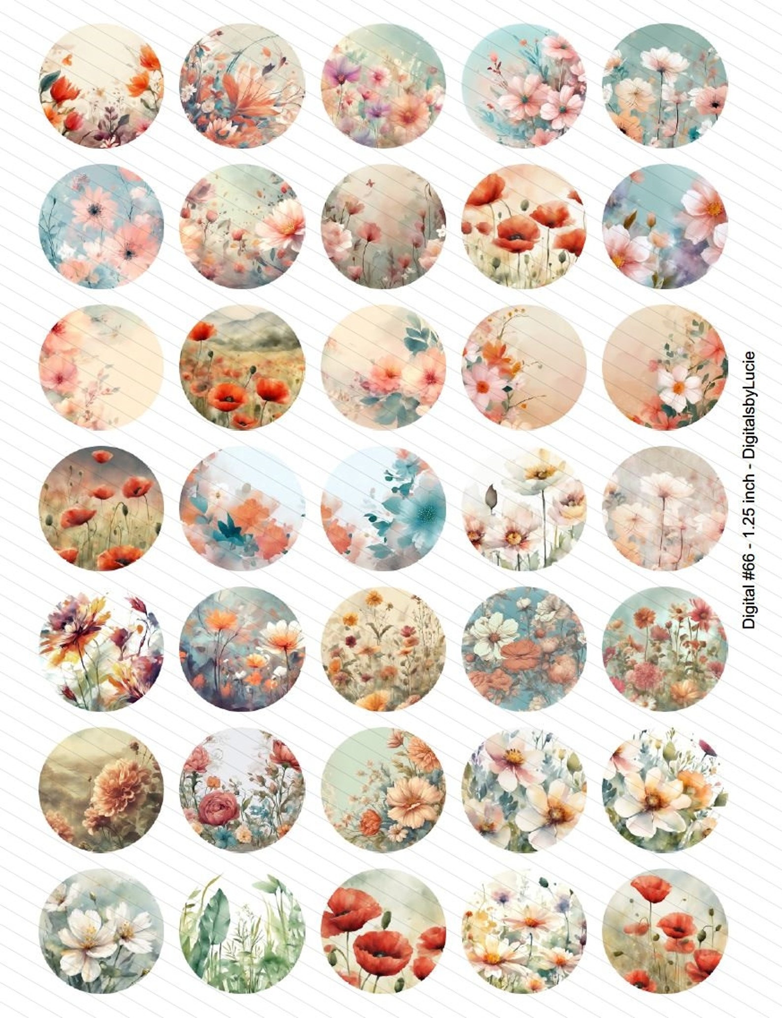 Flowers Floral Printable Digital Download Circles Round 1.25in 30mm ...
