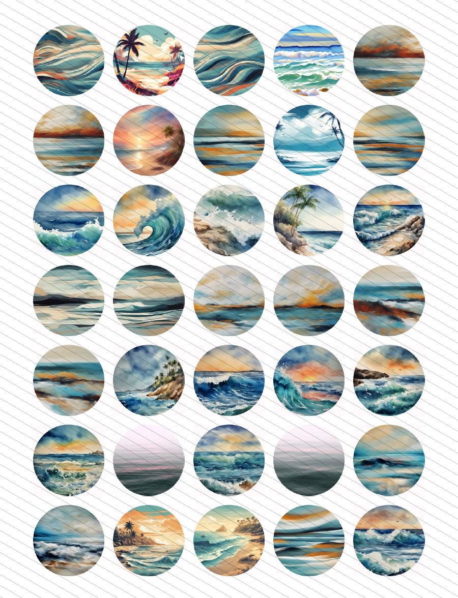 Ocean Beach Printable Digital Download Circles Round 1.25in 30mm 25mm ...
