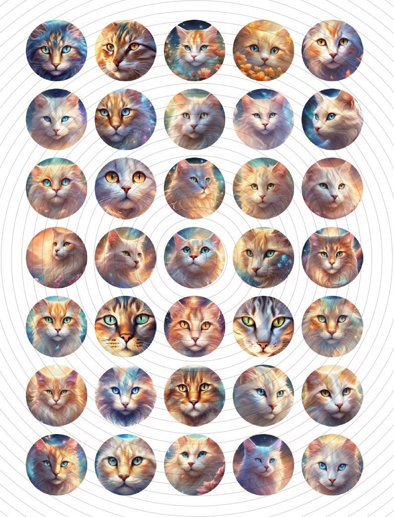 Cat Faces Printable Digital Download Circles Round 1.25 Inch, 30mm ...