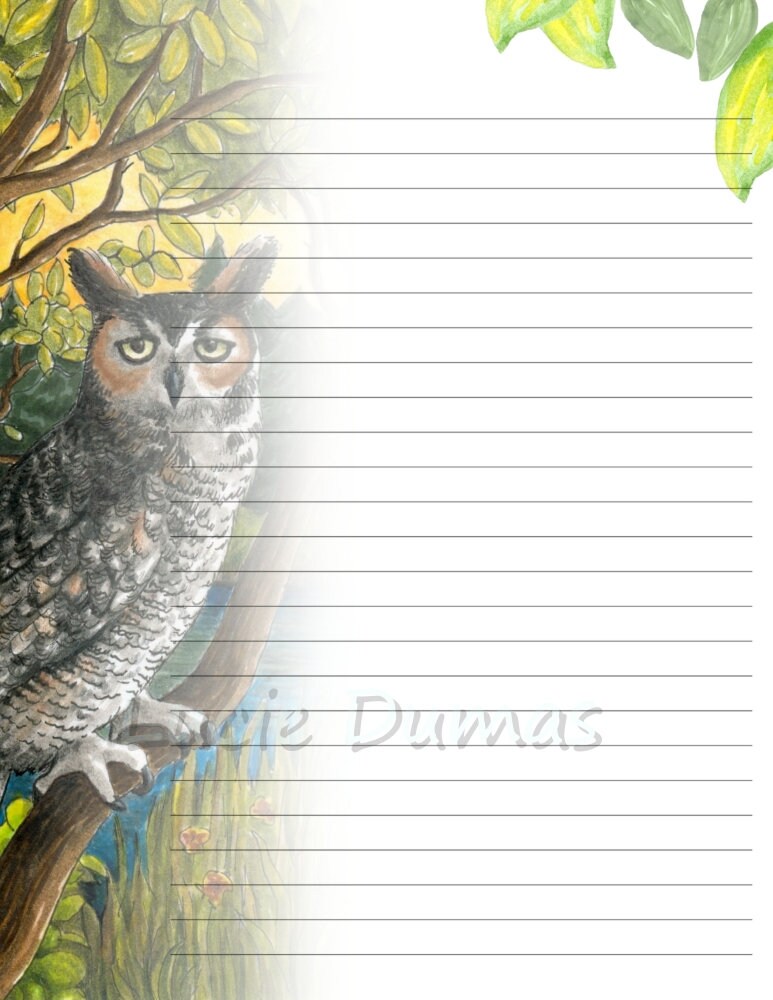 Digital Printable Journal Writing Lined Page Bird 68 Owl Stationary 8 ...
