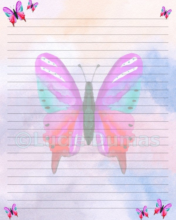 Digital Printable Journal Writing Lined Page Design 10 Butterfly Pink ...