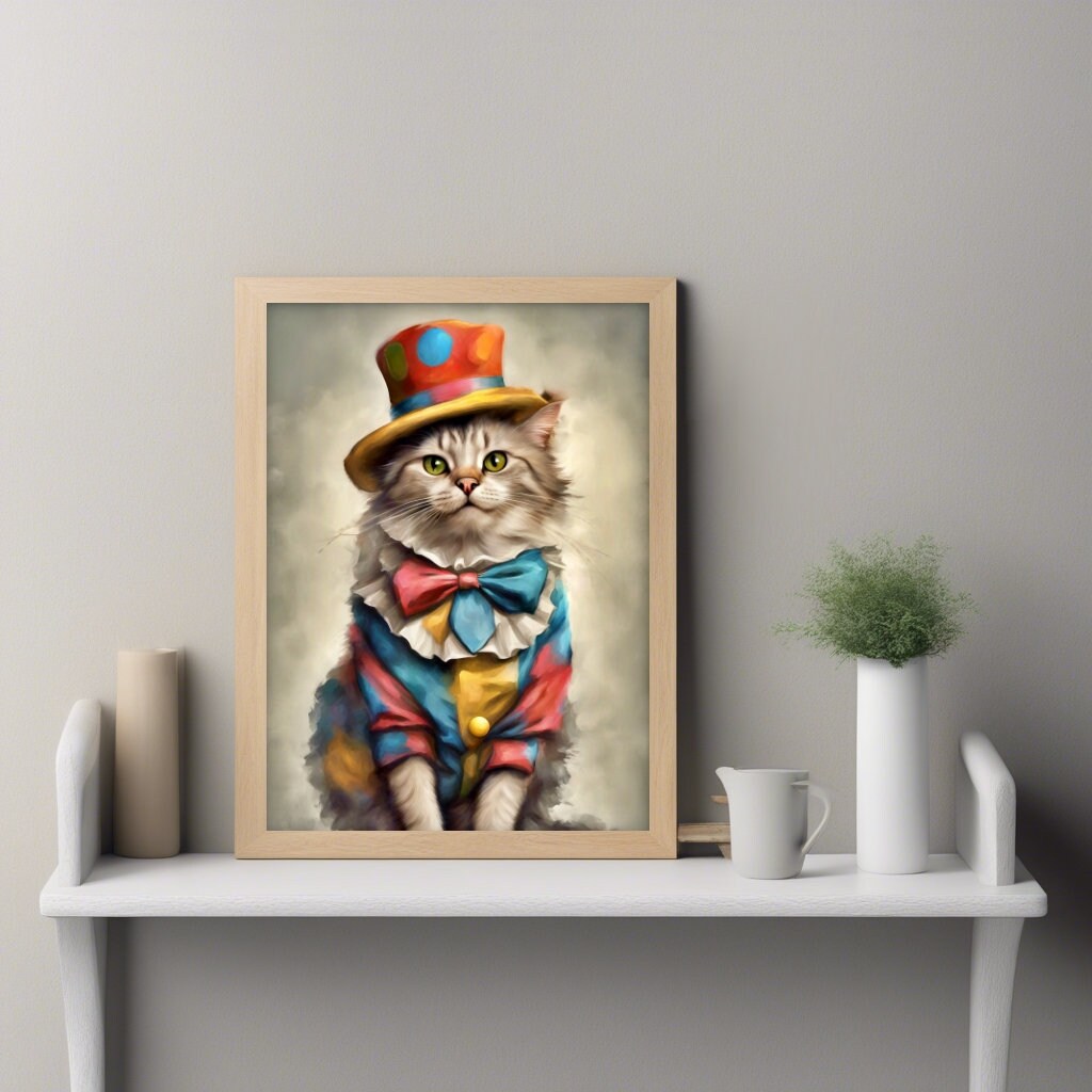 Clown Cat Art Print, Digital Printable Art Print, Funny Cat Art Print ...