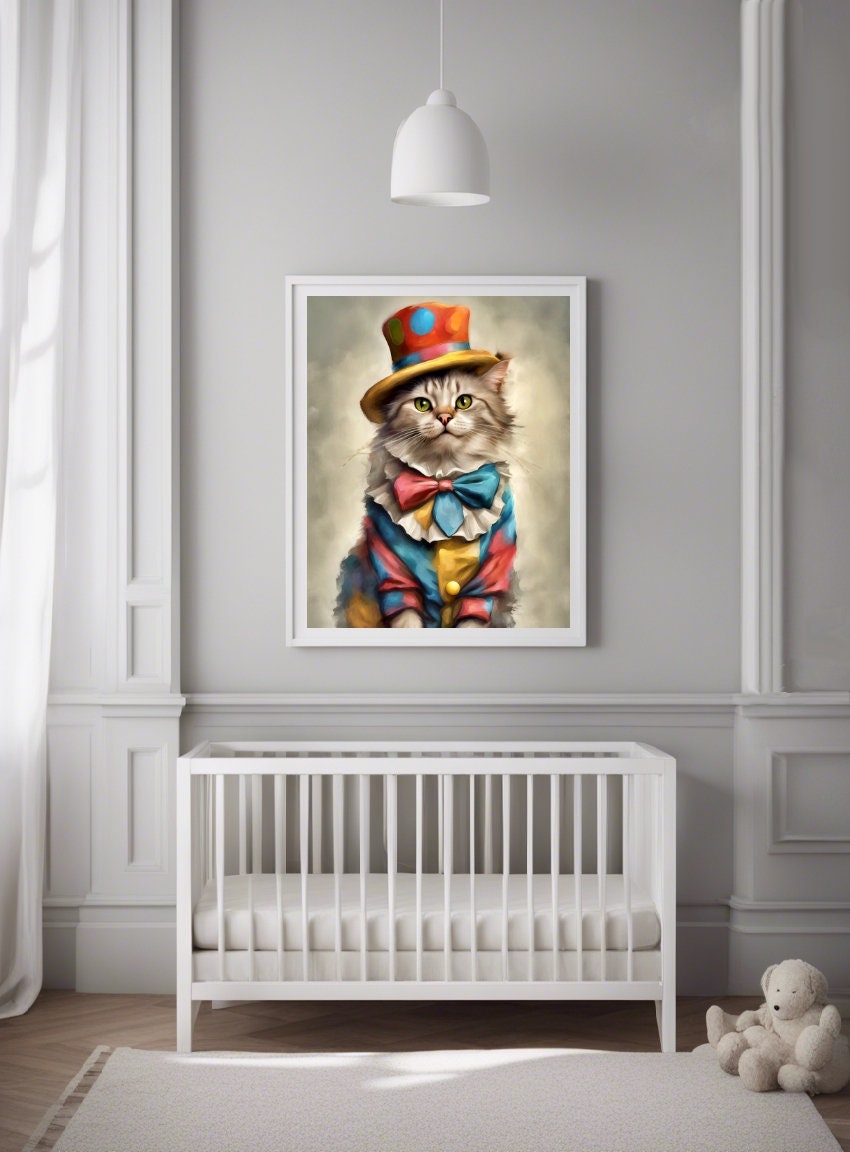 Clown Cat Art Print, Digital Printable Art Print, Funny Cat Art Print ...
