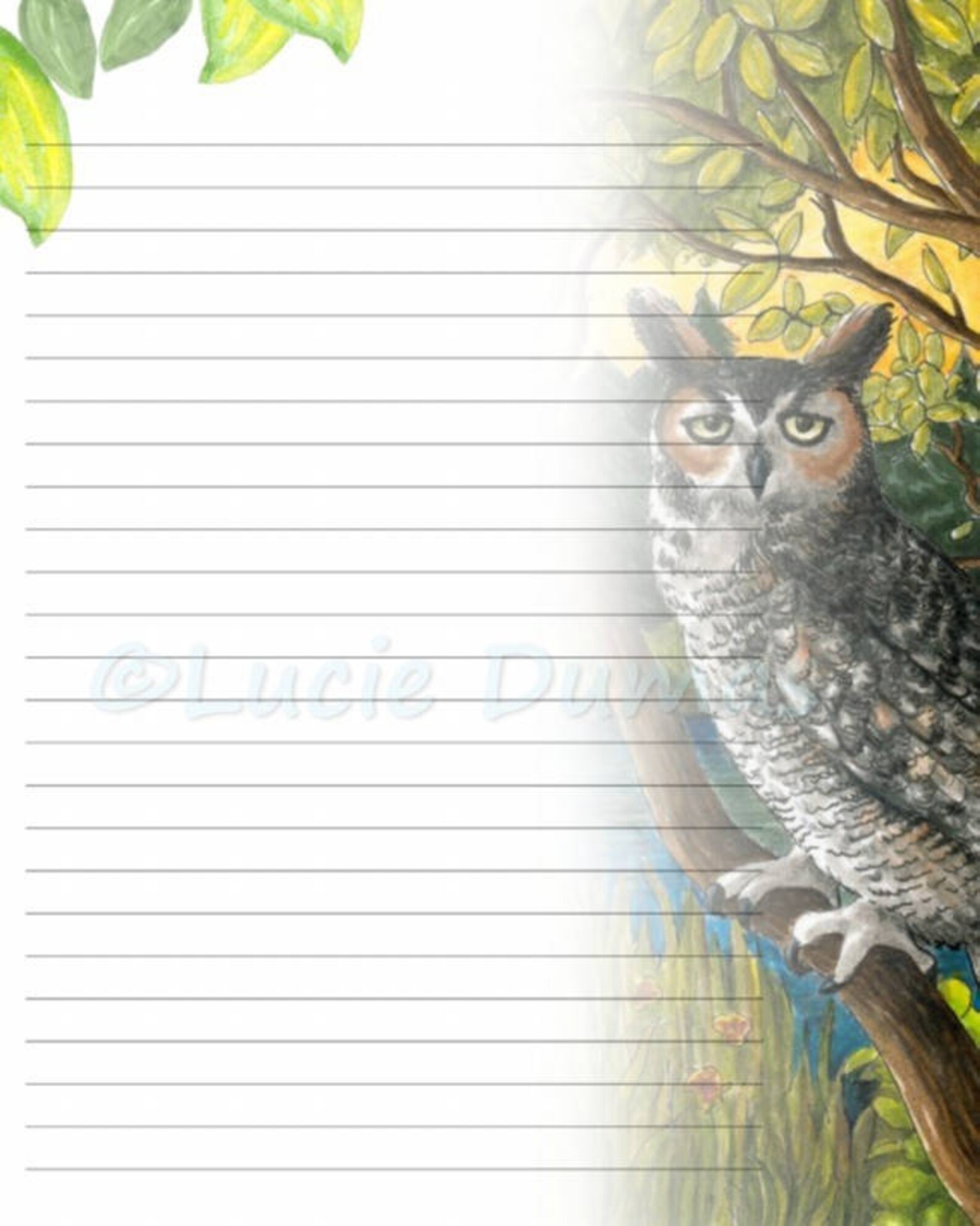 Digital Printable Journal Writing Lined Page Bird 68 Owl Stationary 8 ...