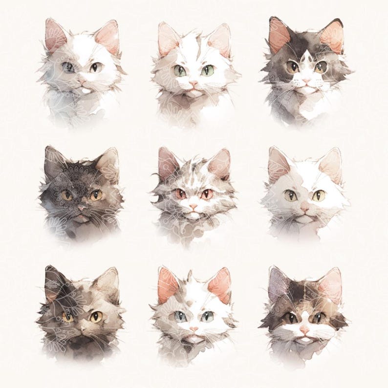 Watercolor Cat Faces Clipart: PNG Digital Download - Etsy