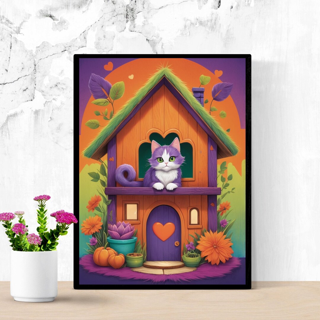 Whimsical Cat House Poster - Cute Cat Decor, Pet Lover Gift, Home Wall ...