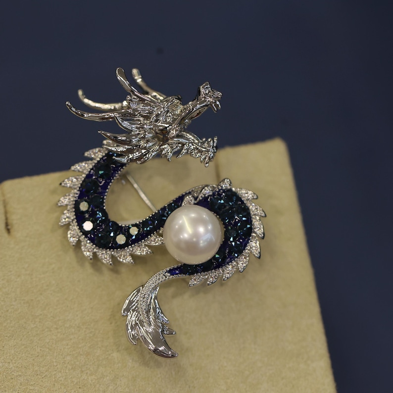 Gothic Dragon Pearl Brooch, Silver Dragon Lapel Pin, Statement Gothic ...