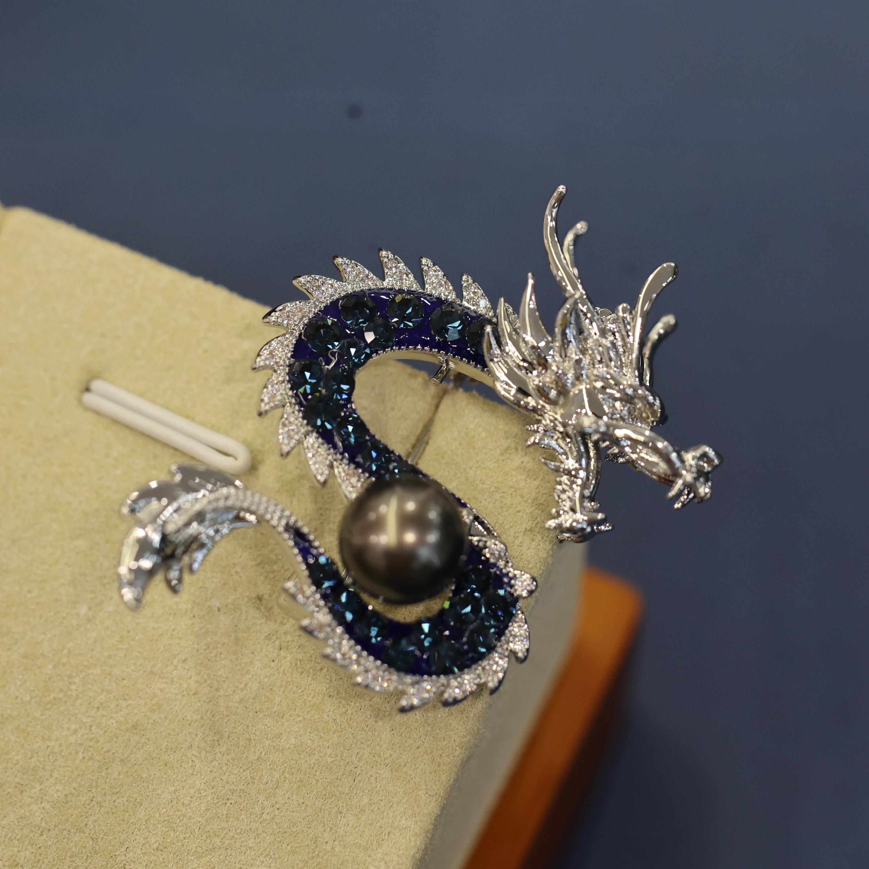 Gothic Dragon Brooch – Tahitian Black Pearl 14K Gold Lapel Pin, Luxury ...