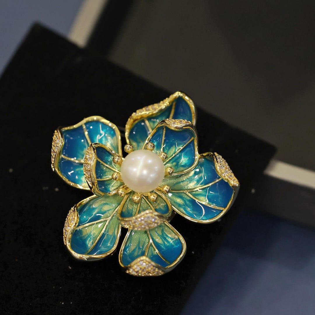 Vintage Enamel Pearl Flower Brooch, Bloom Brooch, Gold Tone Floral Pin ...