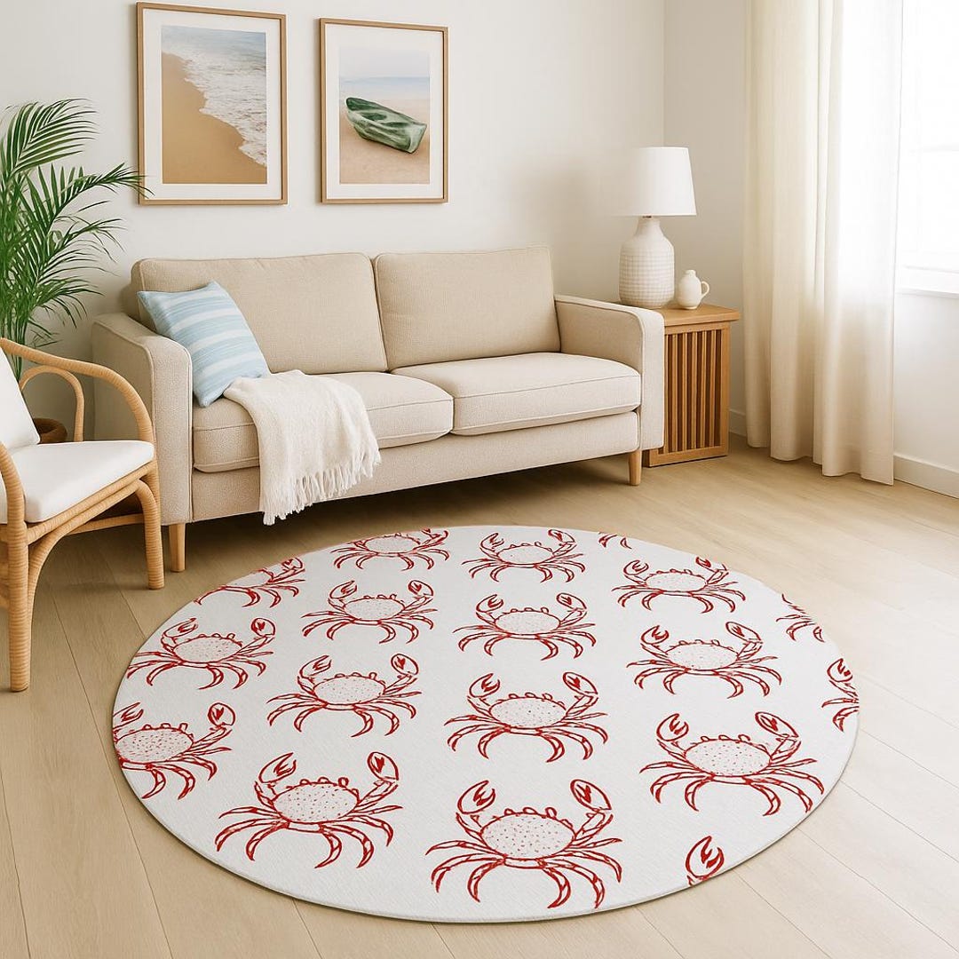 Round Rug With Repeating Crab Pattern, Circular Rug With Red Crabs ...
