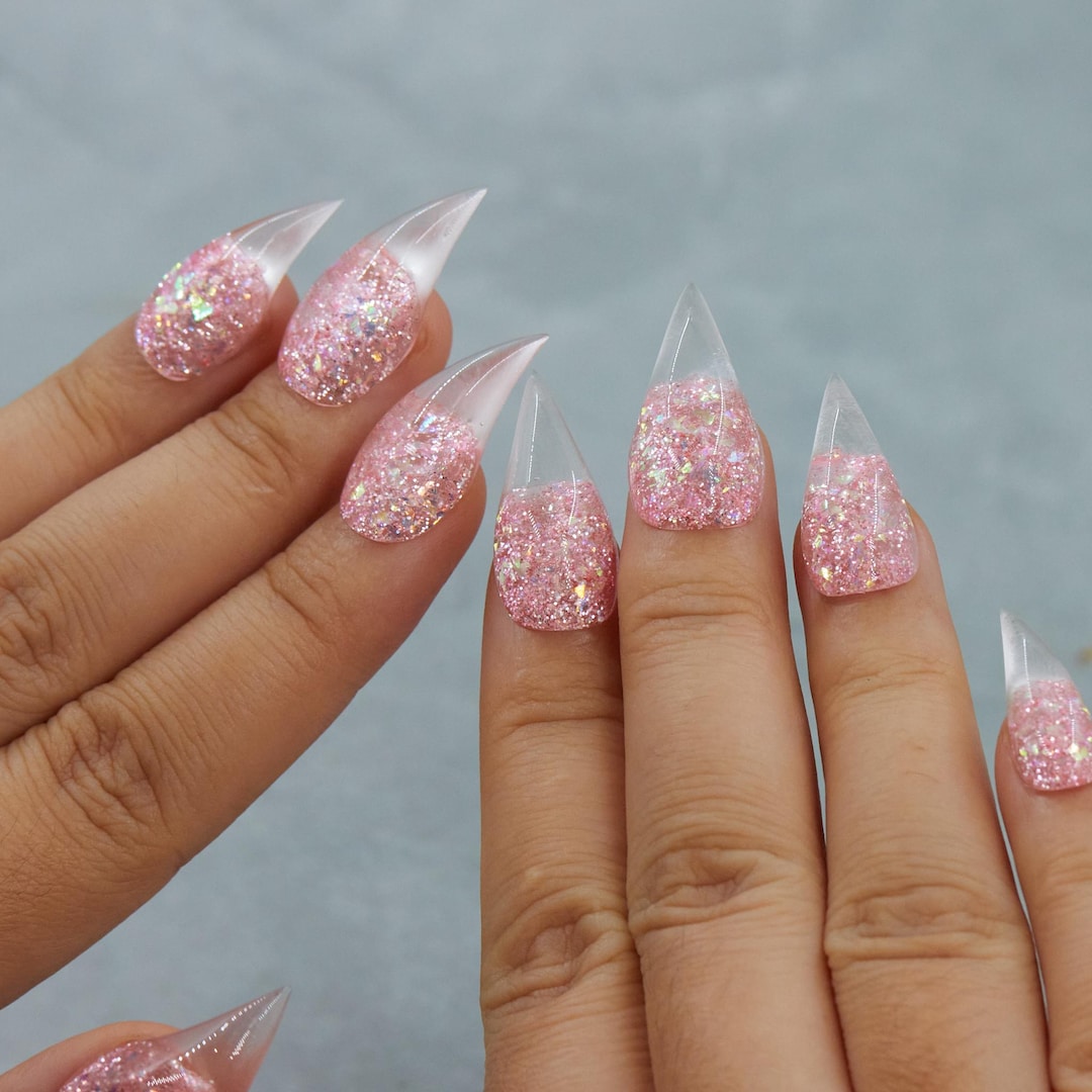 Pink Glitter Claw Nails, Stiletto Claw Fake Nails, Sparkly Barbie Glam ...
