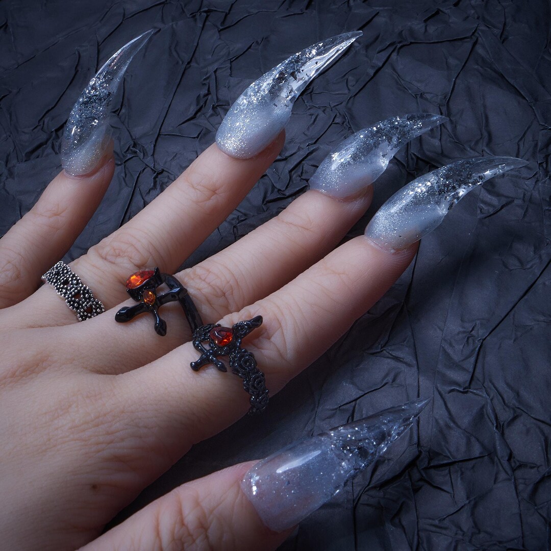 Silver Glitter Ice Dragon Claw Press-on Nails | Press on Claw Nails | Fox Nails | 3D Dragon Claw ...
