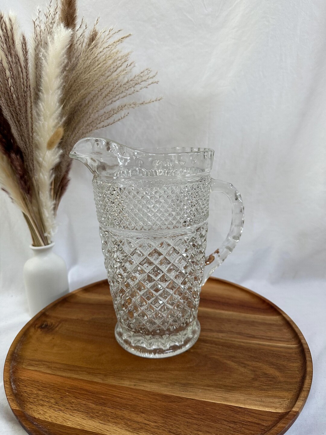 Vintage Anchor Hocking Wexford Diamond Point Cut Glass Pitcher With ...