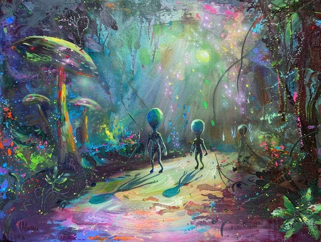 Mystic Encounter Original Painting, Alien Forest Artwork, Colorful ...