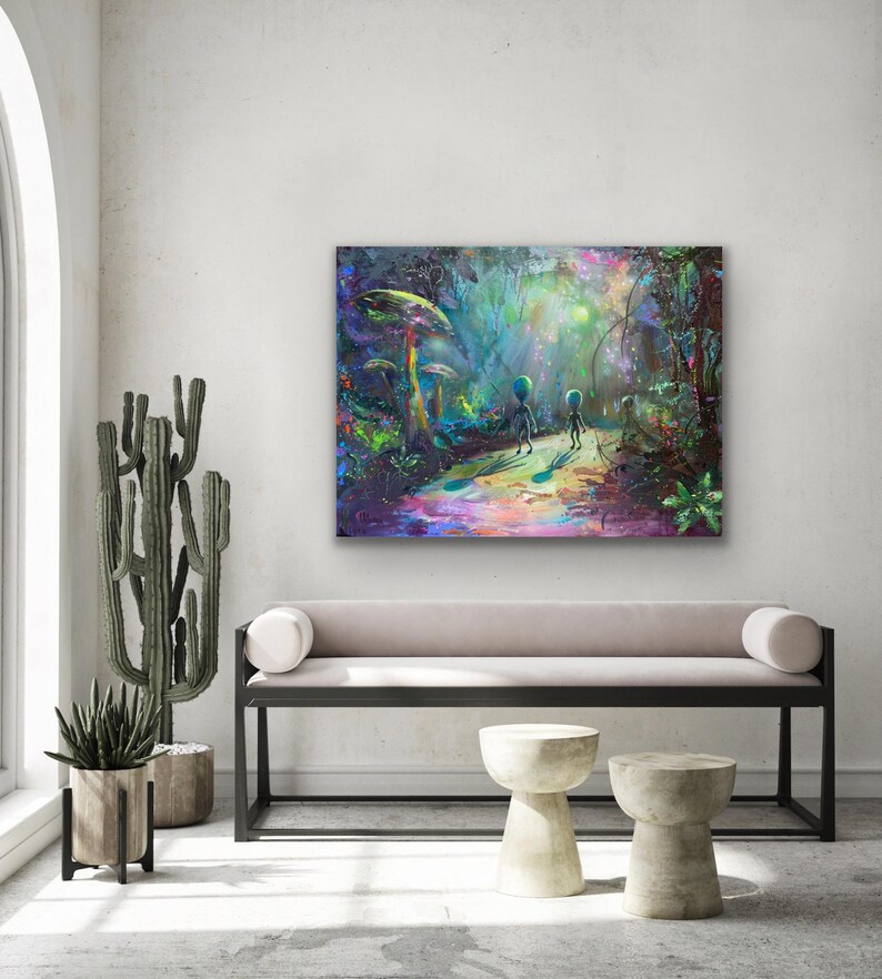 Mystic Encounter Original Painting, Alien Forest Artwork, Colorful ...