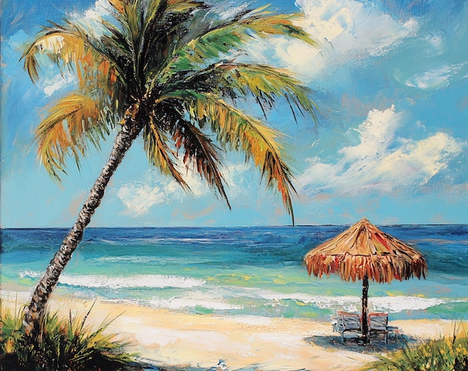 Original Beach Paradise Oil Painting: Palm Tree Seascape Art (38x38 ...