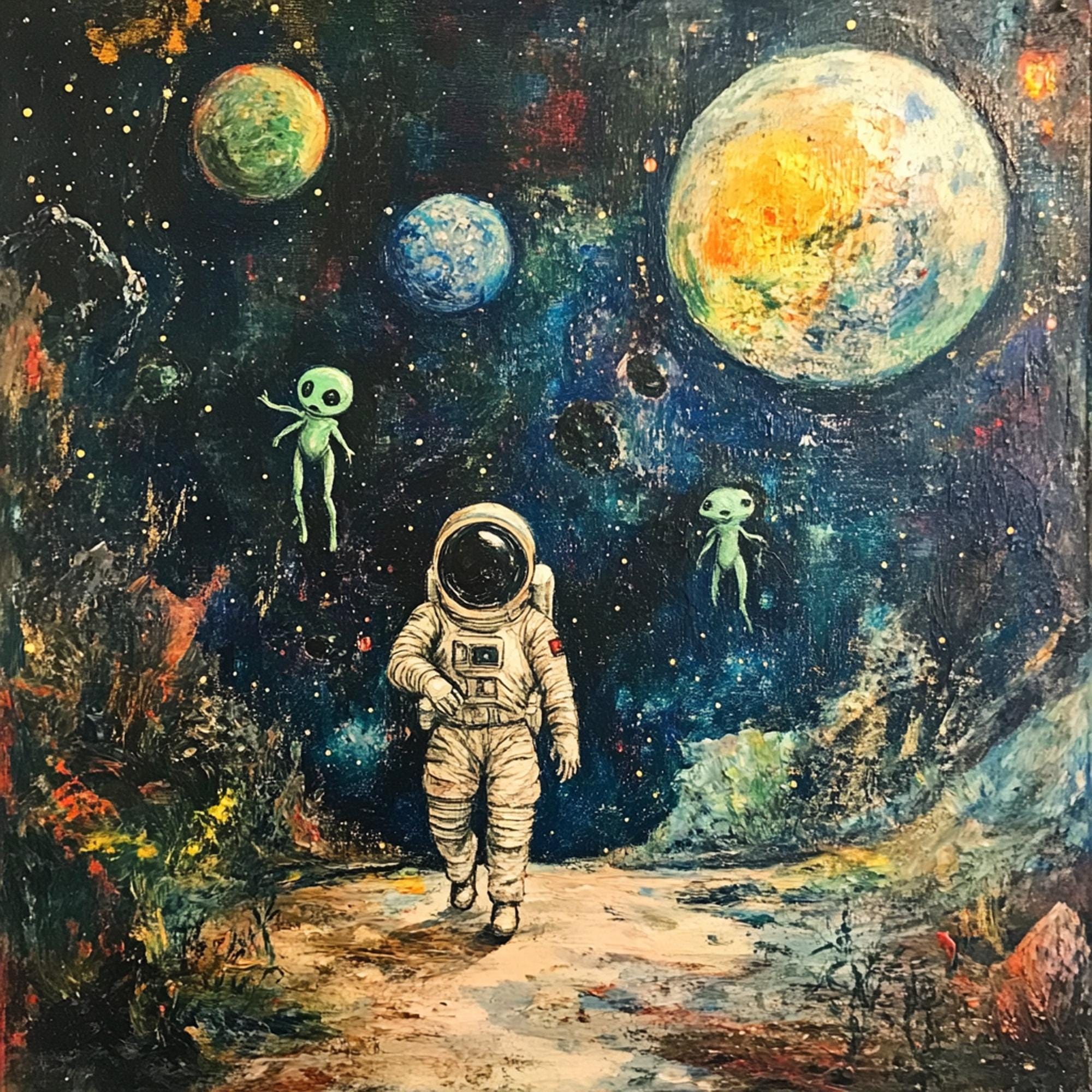 Astronaut and Alien Space Painting: Acrylic Sci-fi Art on Canvas - Etsy