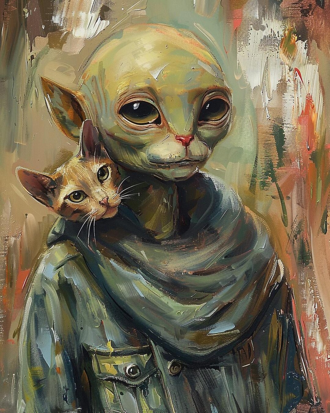 Alien With Cat Oil Painting: Sci-fi Portrait, Fantasy Wall Art - Etsy