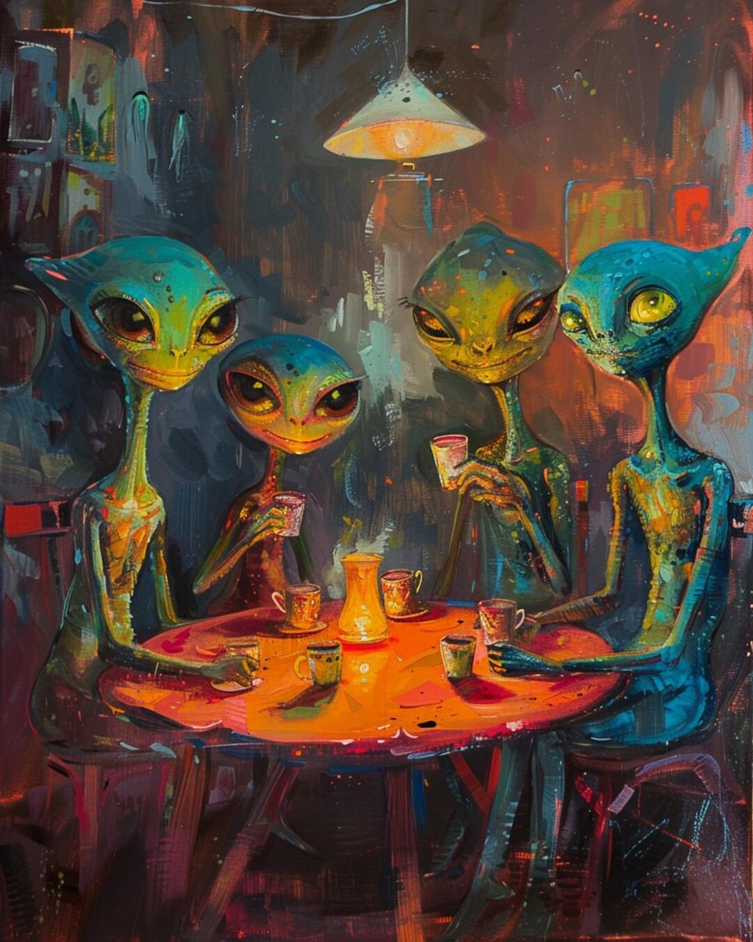 Alien Family Tea Party Painting: Surreal Cosmic Fantasy Art, 45x36 Inch ...