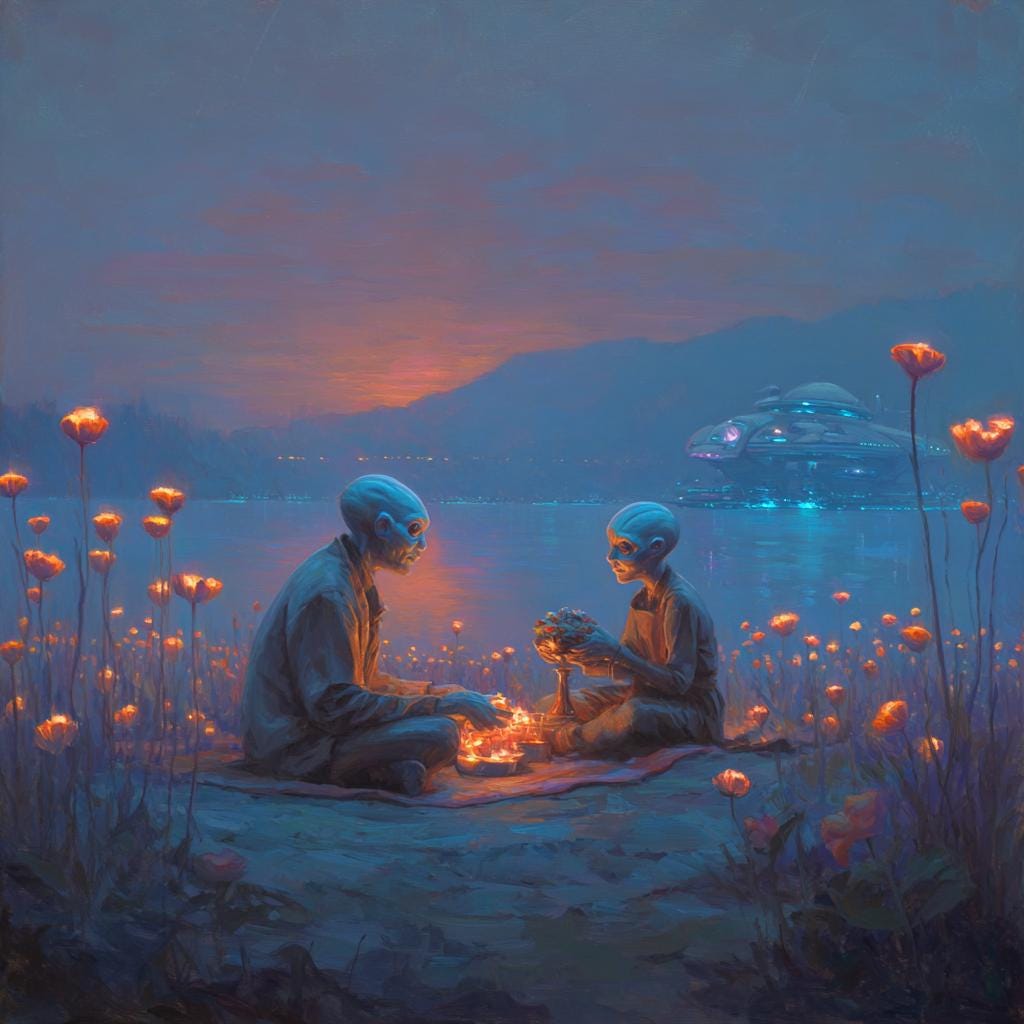 Original Oil Painting: Alien Picnic by the Lake, Glowing Flowers - Etsy