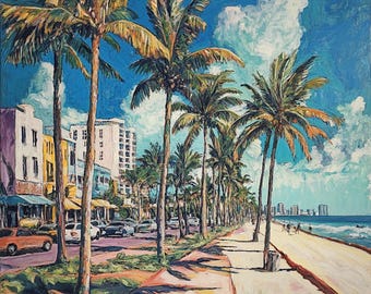 Miami Beach Oil Painting: Large Palm Tree Boulevard Canvas Art - Etsy