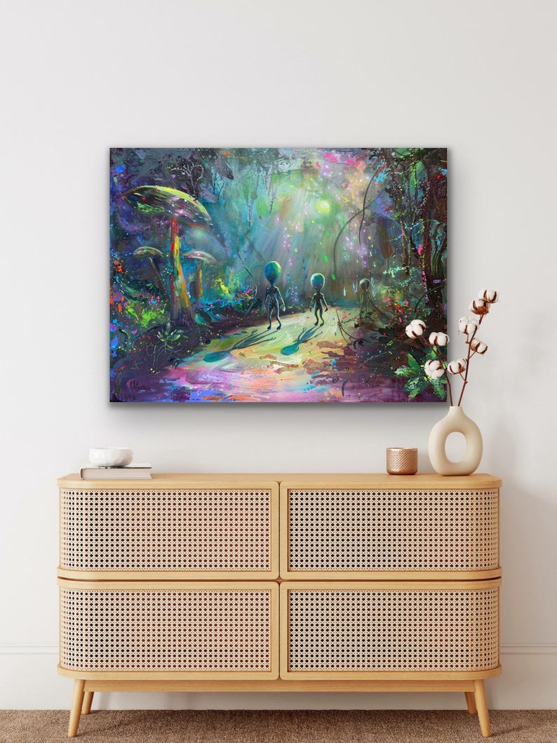 Mystic Encounter Original Painting, Alien Forest Artwork, Colorful ...