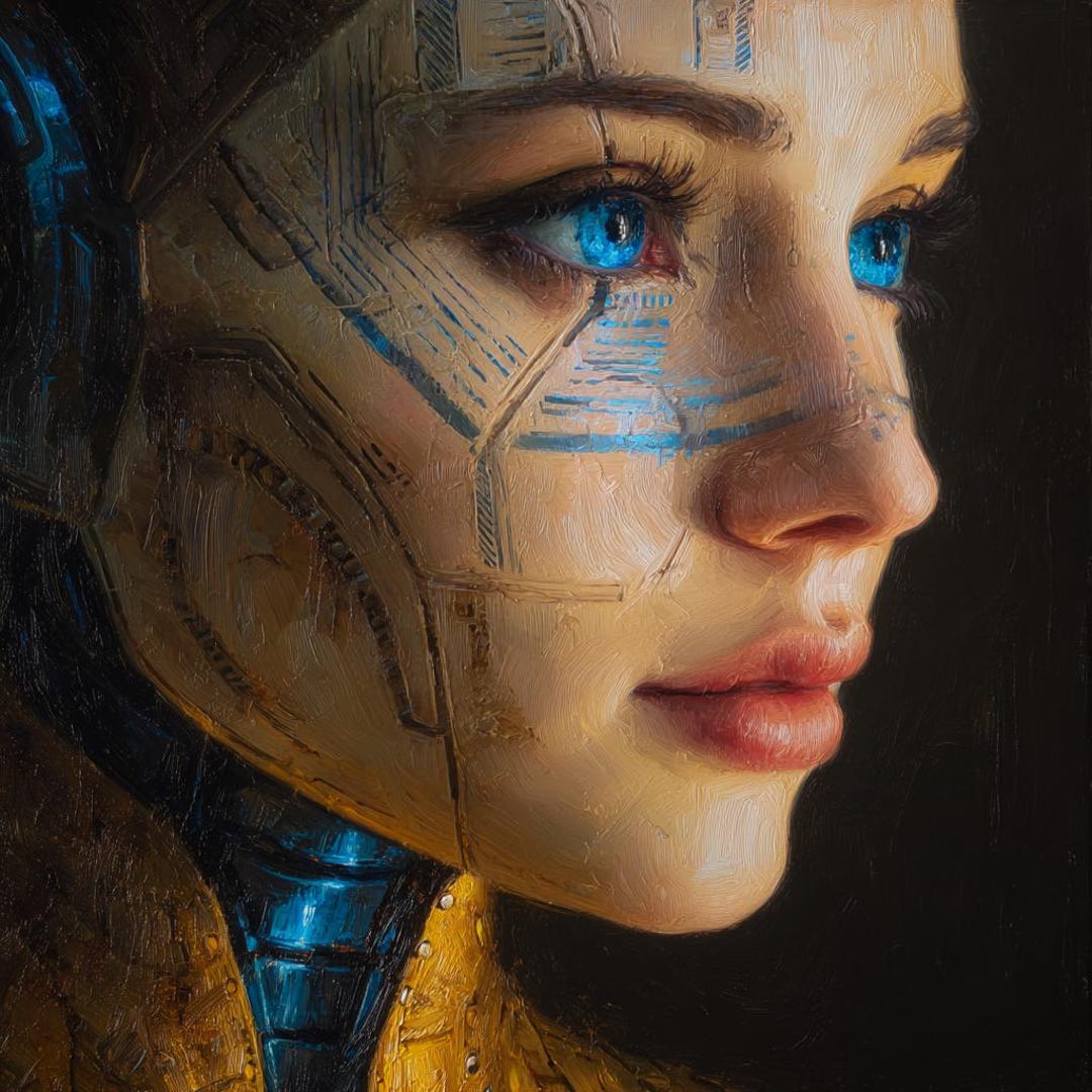Blue-eyed Cyborg Oil Painting: Original Sci-fi Portrait Art - Etsy