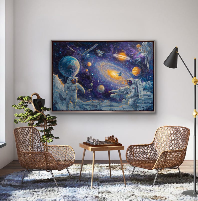 Astronauts and Galaxy Original Painting, One of a Kind Space Artwork ...