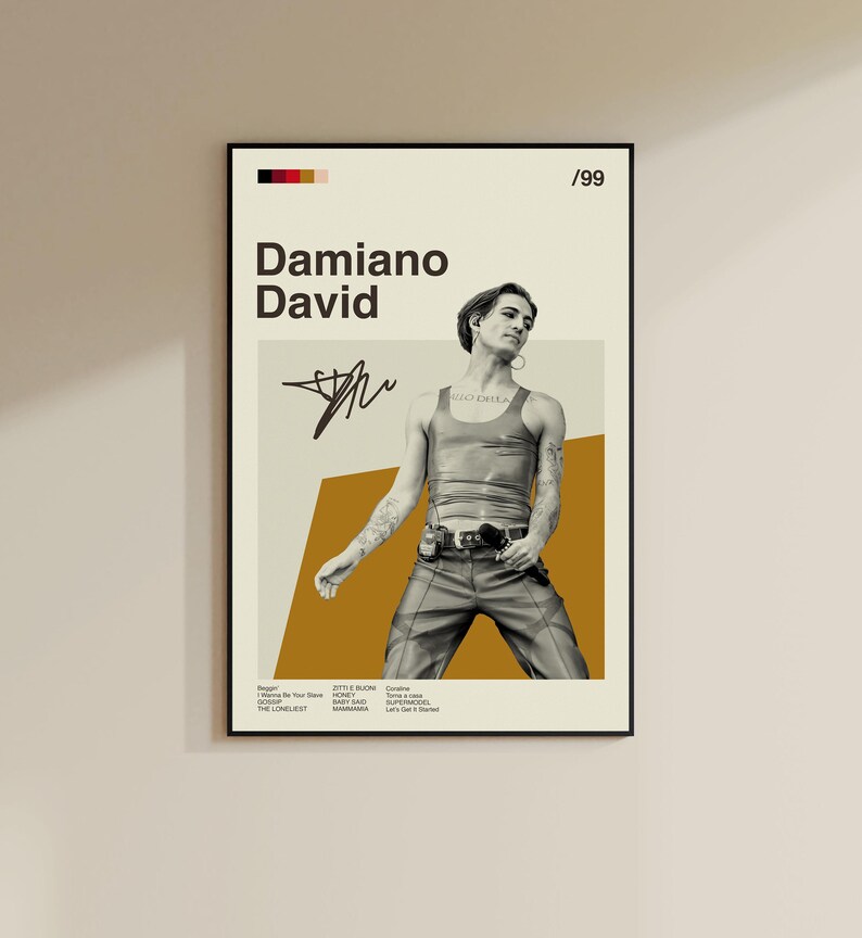 Arte mural de Damiano David, póster firmado, arte moderno de mediados ...