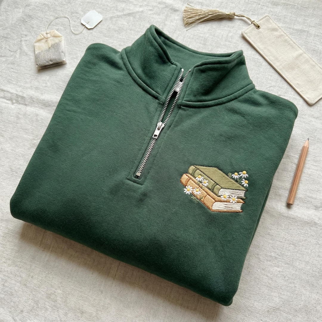 Embroidered Book Lover Quarter Zip, Floral Book Stack Sweatshirt ...